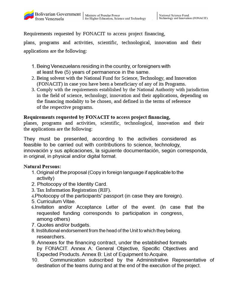 FONACIT Project Financing Requirements | PDF | Identity Document