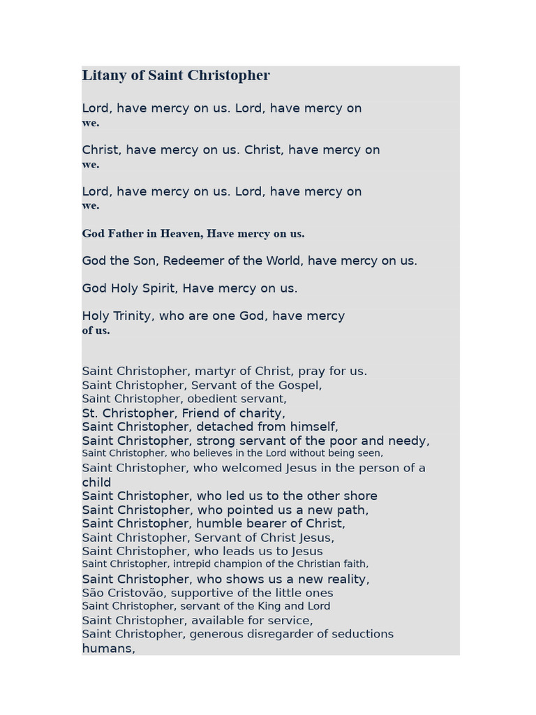 Litany of Saint Christopher Prayer | PDF | Jesus | Mercy