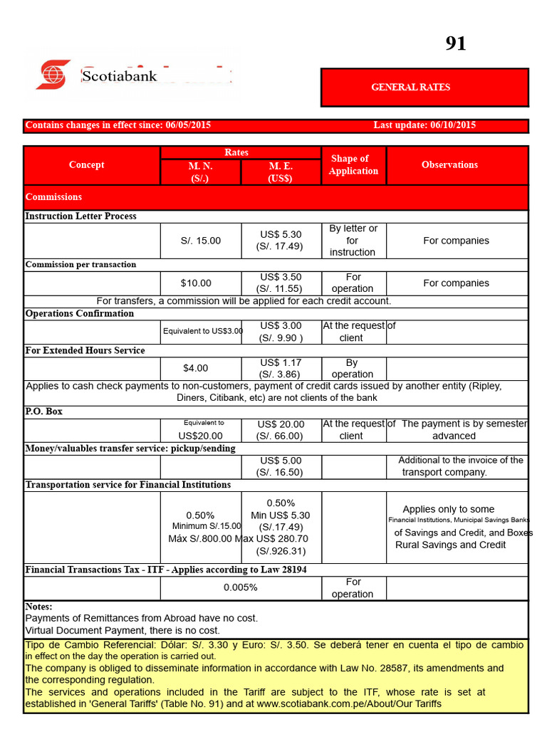 Scotiabank Peru Services Rate Schedule | PDF | Payments | Banks