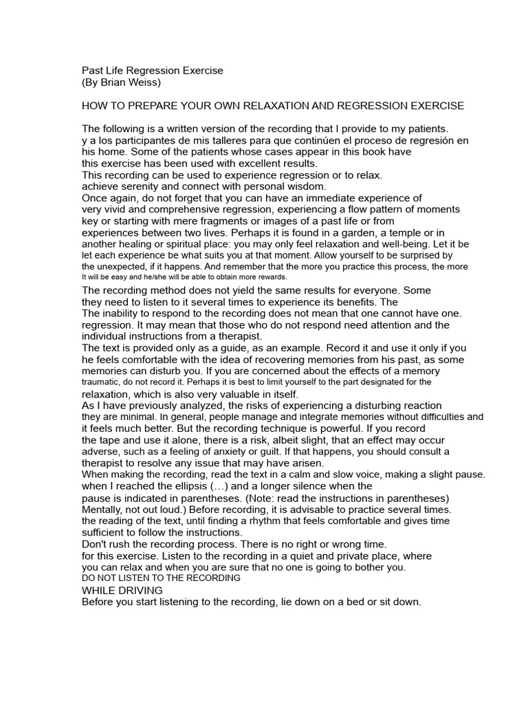 Past Life Regression Guide Exercise | PDF | Relaxation (Psychology ...