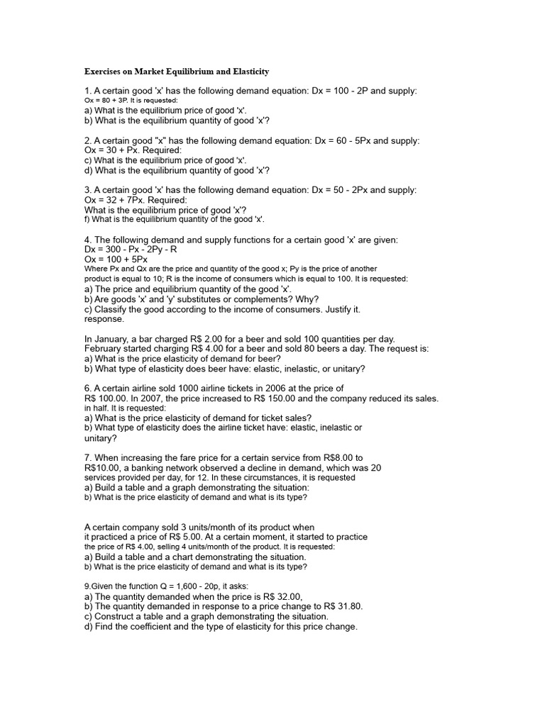 Exercises on Market Equilibrium and Elasticity | PDF | Demand | Price ...
