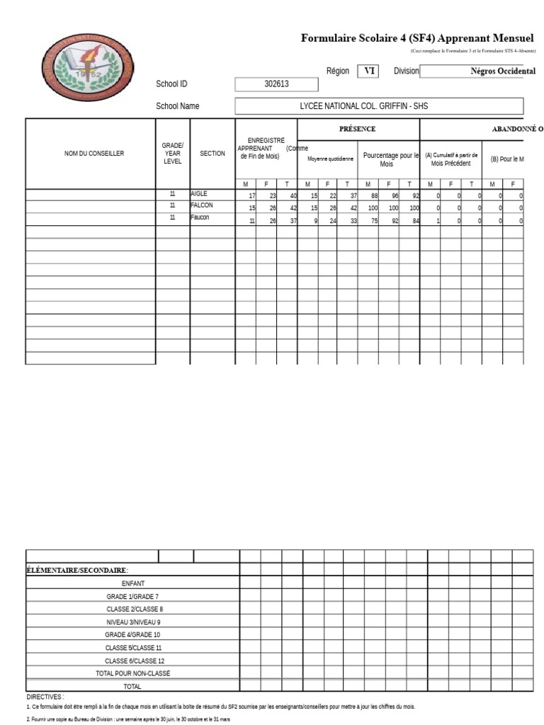 Formulaire Scolaire Mensuel SF4 | PDF
