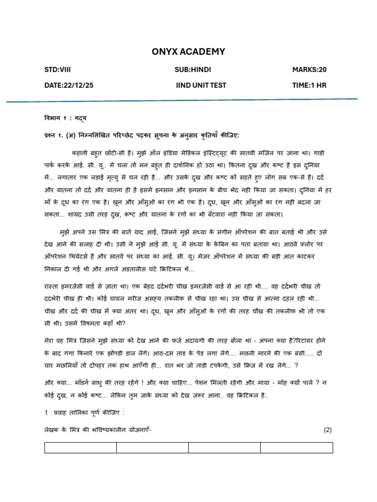 Hindi Unit Paper | PDF