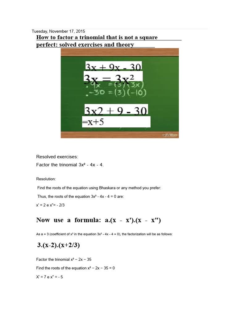 Class on factoring a trinomial that is not a perfect square, November | PDF