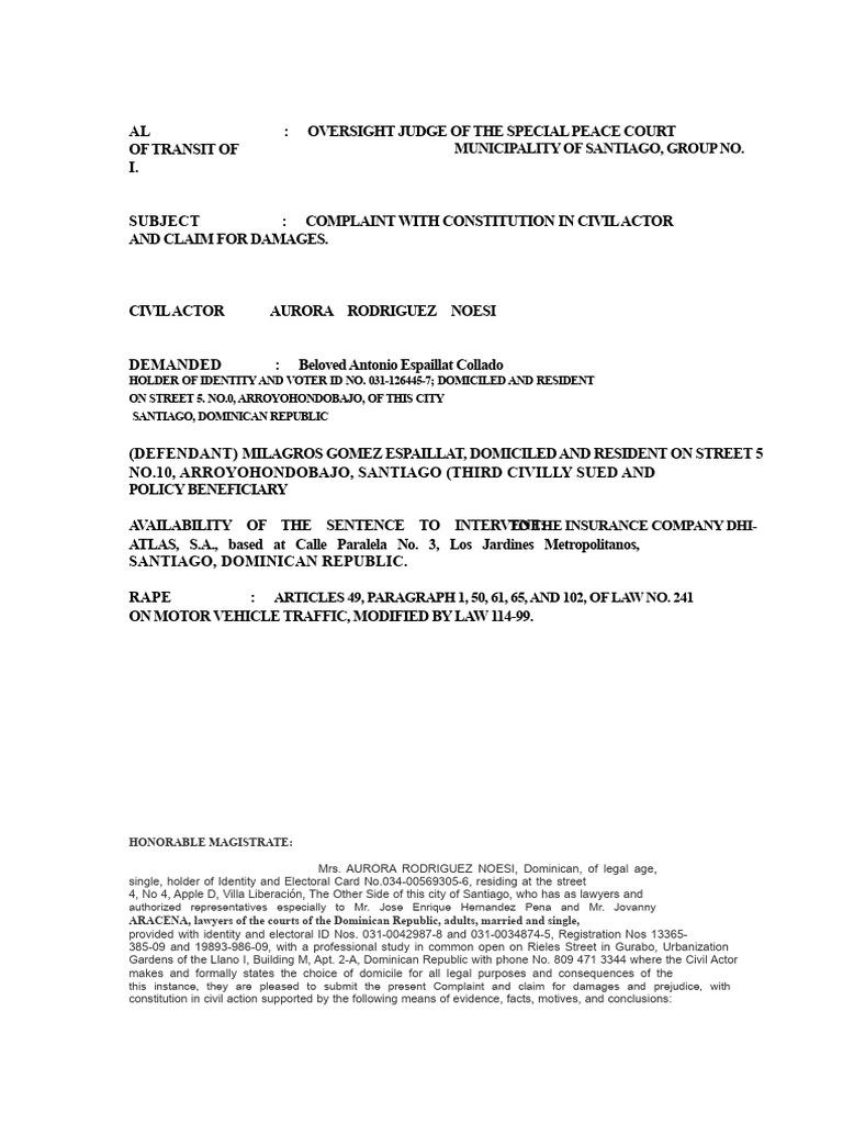 Complaint with Constitution in Civil Actor for Traffic Accident | PDF ...