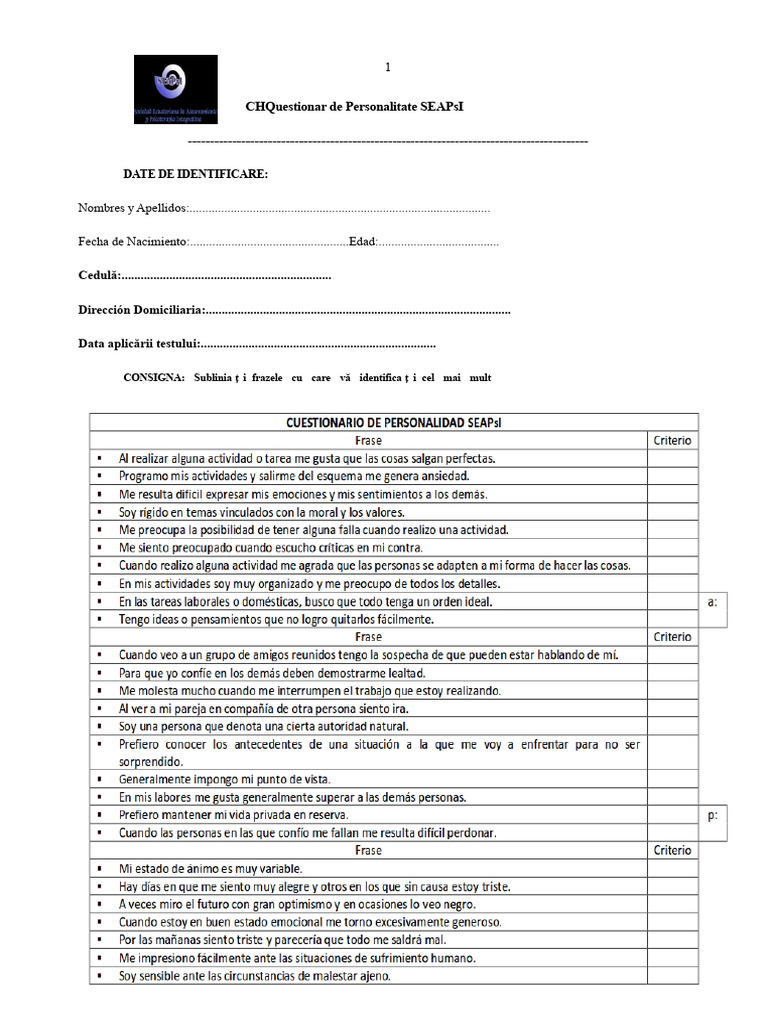 Chestionar de Personalitate Seapsi | PDF
