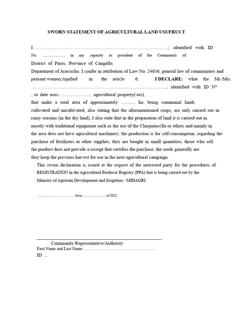 SWORN DECLARATION OF POSSESSION AND DJ AGRICULTURAL ACTIVITY. (1) | PDF ...