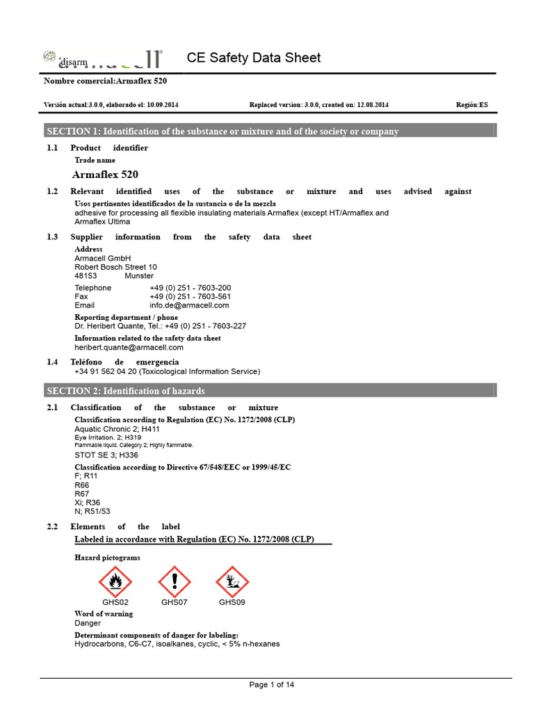 Armaflex Adhesive 520 MSDS | PDF | Chemistry | Occupational Safety And ...