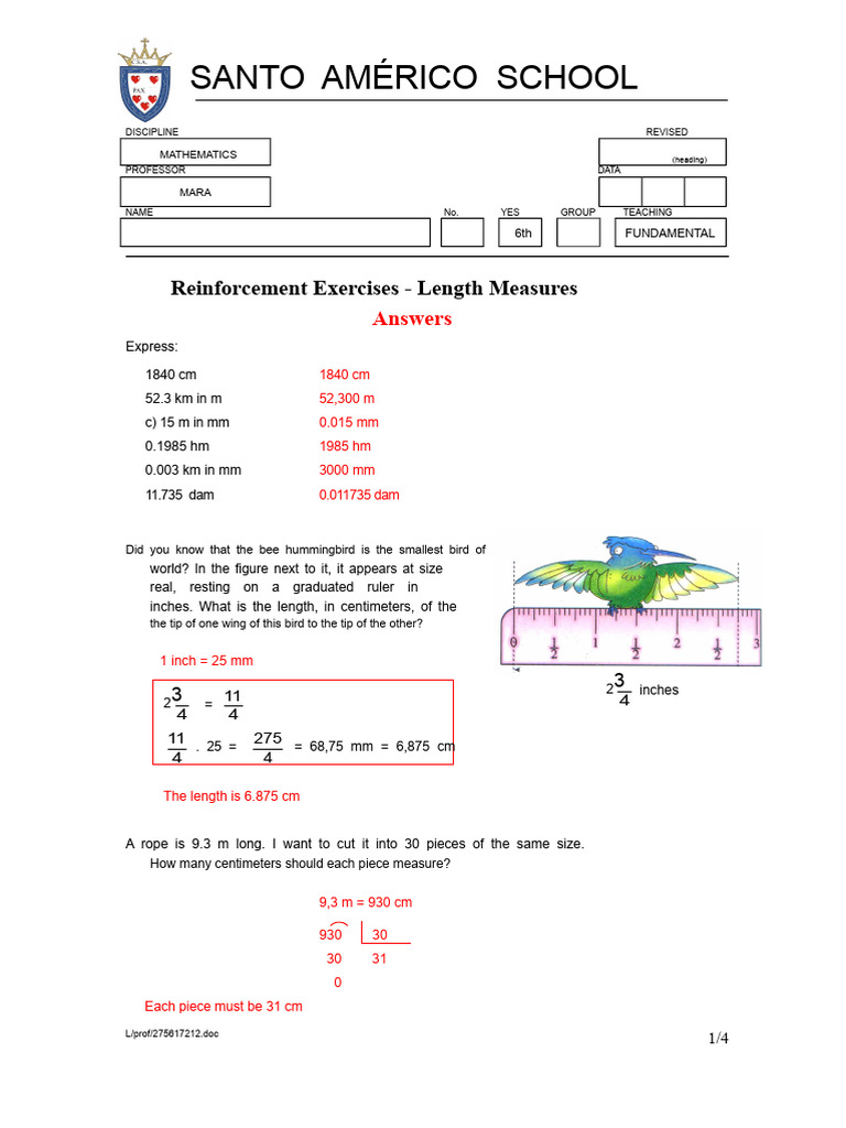 Reinforcement exercises - Measures of length - Answers | PDF ...