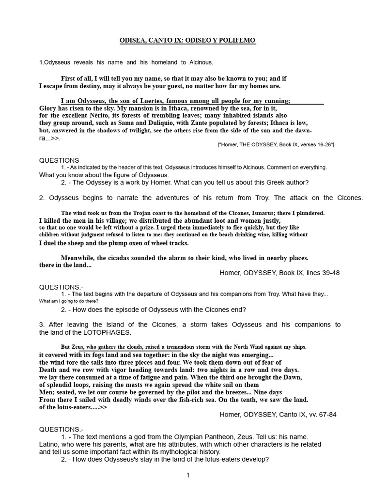 Odyssey Book IX Activities | PDF | Odyssey | Odysseus