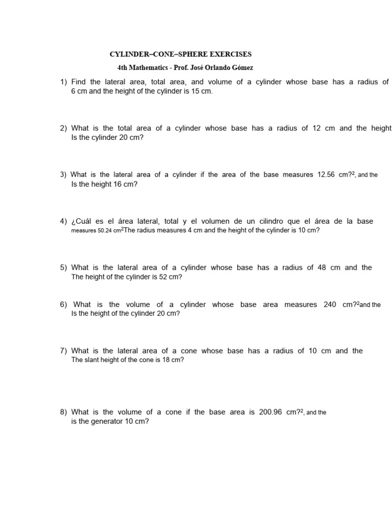 Exercises on cone, cylinder, and sphere for 4th grade.pdf | PDF