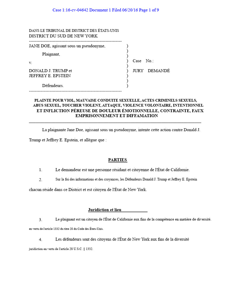 Plainte pour viol contre Trump et Epstein | PDF | Viol | Agression sexuelle