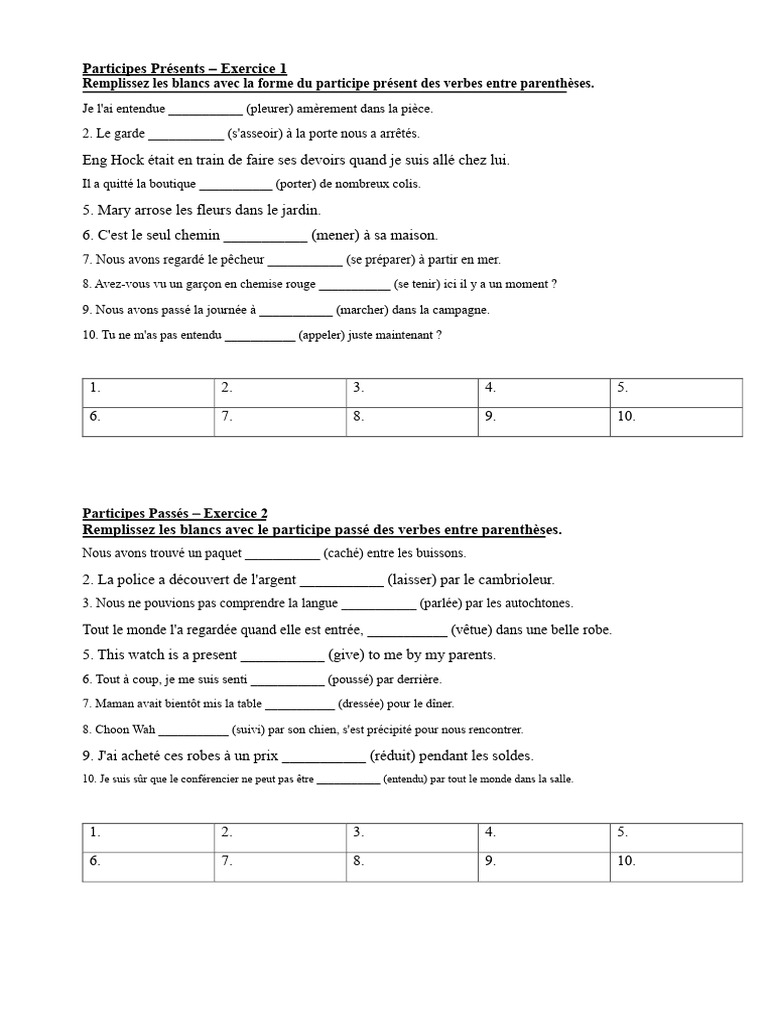 Exercices sur les Participes Présents et Passés | PDF