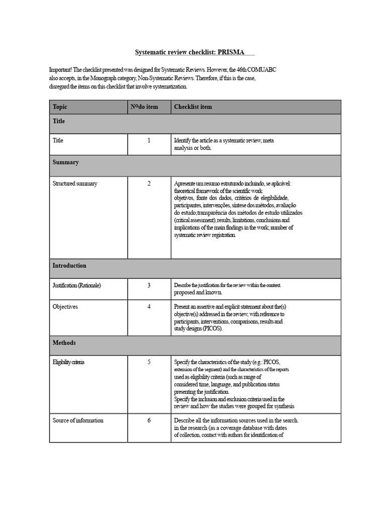 PRISMA Systematic Review Checklist | PDF | Systematic Review | Meta ...