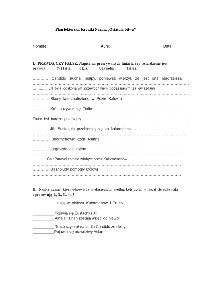 Plan Czytelniczy Kroniki Narnii Ostatnia Bitwa | PDF