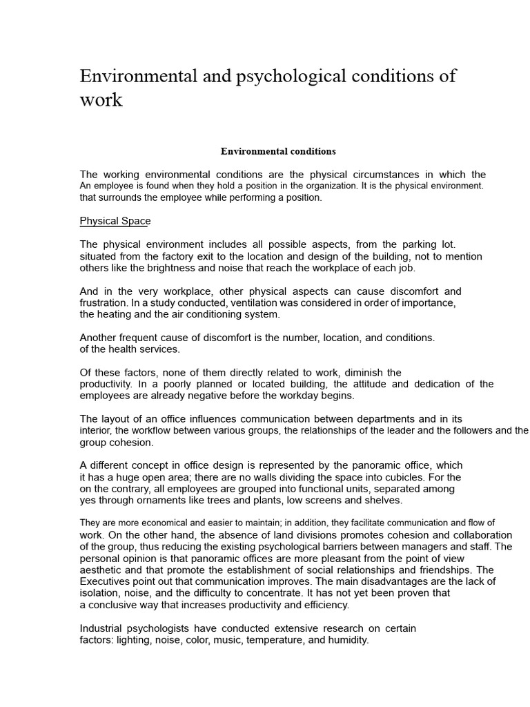 Physical and Psychological Conditions at Work - Safety and Hygiene ...