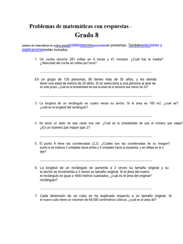 Problemas de Palabras de Matemáticas de Octavo Grado Con Respuestas ...