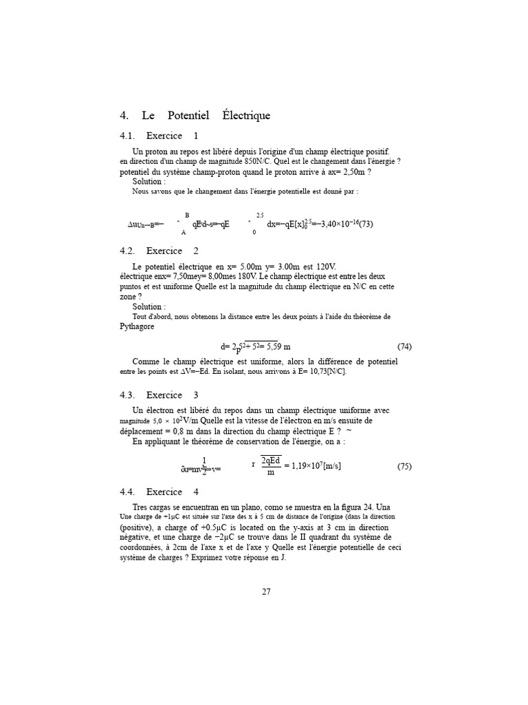 Exercices sur le Potentiel Électrique et Charges | PDF | Champ ...
