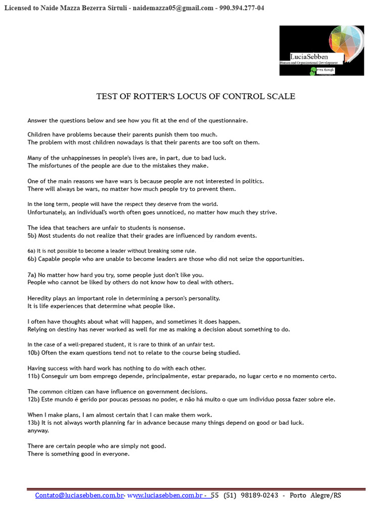 Rotter's Locus of Control Test | PDF | Social Psychology ...