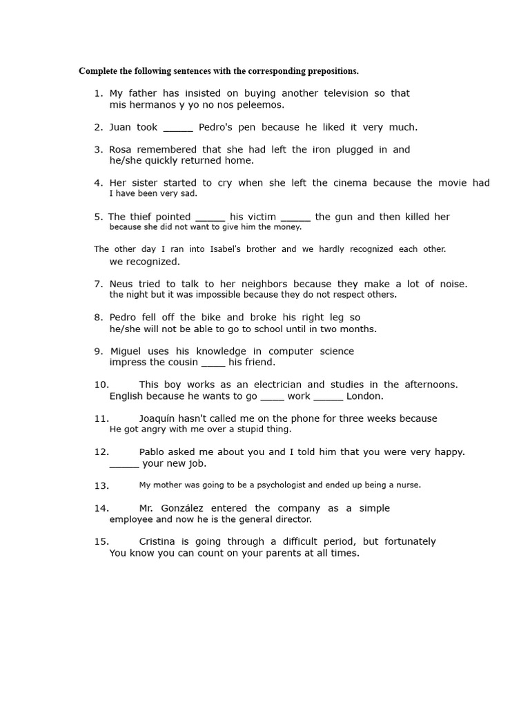 Complete The Following Sentences With The Corresponding Prepositions ...