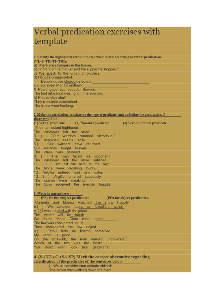 Verbal Predication Exercises with Answer Key | PDF | Verb | Predicate ...