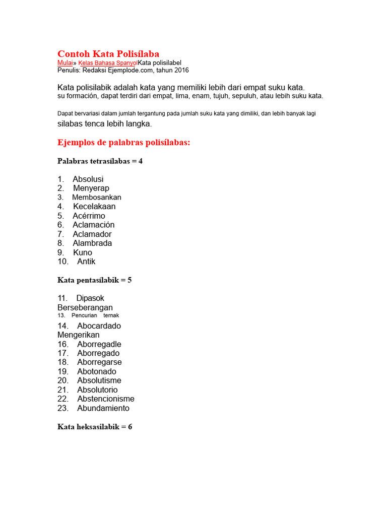 Contoh Kata Polisílaba dalam Bahasa Spanyol | PDF