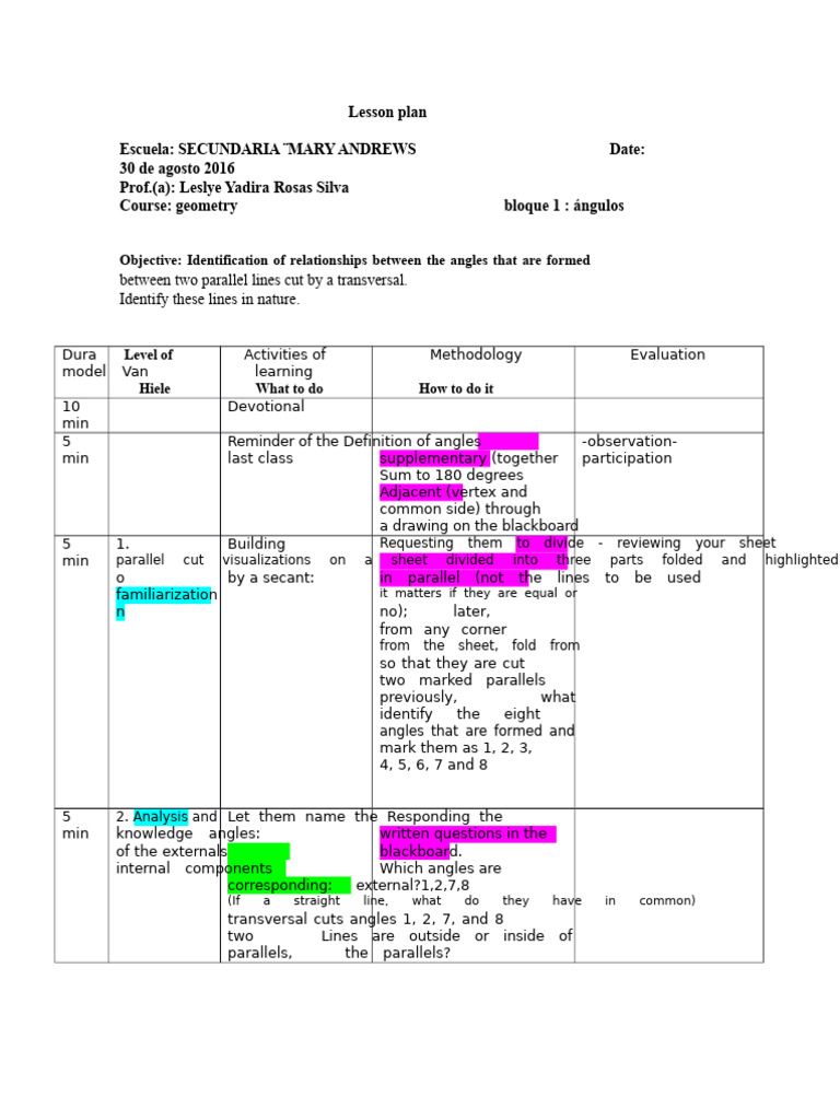 Lesson Plan: Parallel Lines Cut by a Transversal | PDF | Angle | Euclid