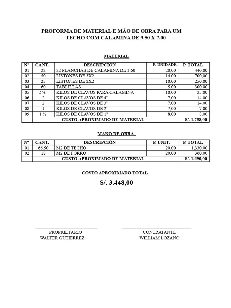 Proforma de Material e Mão de Obra para Construção | PDF