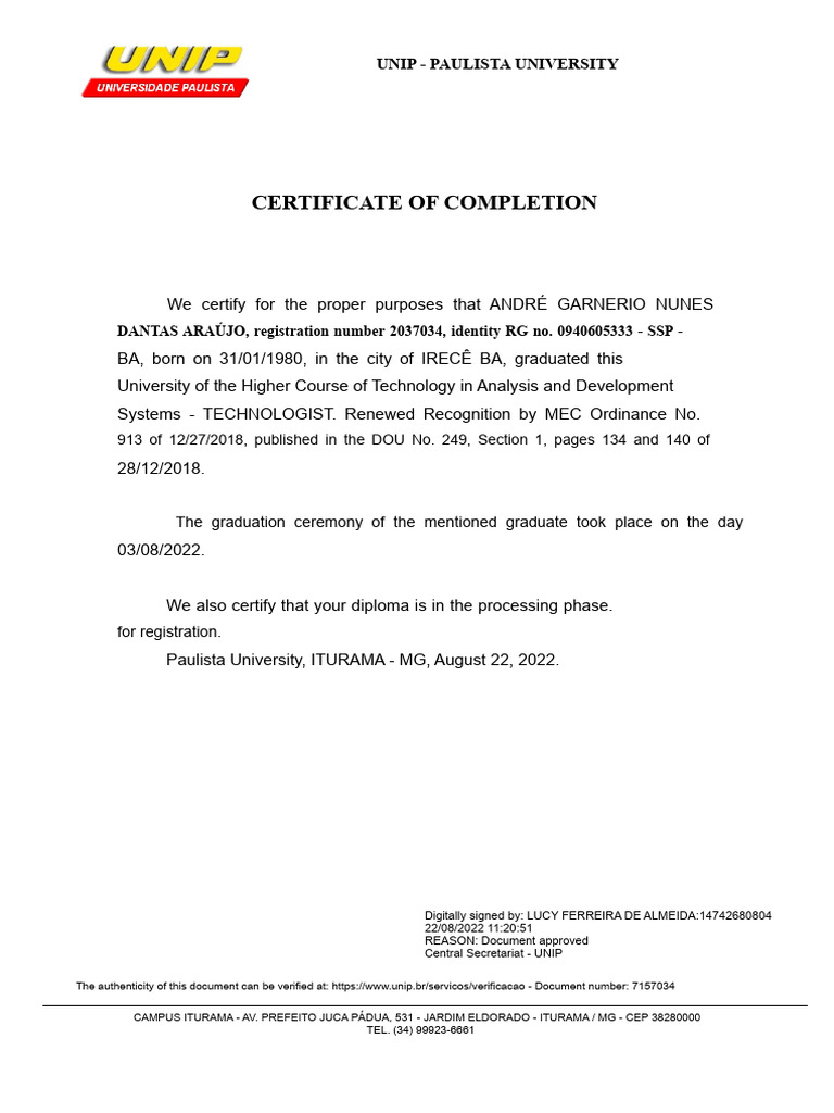 Certificate of Completion: Unip - Paulista University | PDF