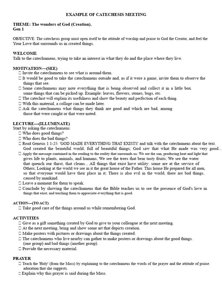 Example of Catechesis Meeting - Gen 1 - The Wonders of God | PDF ...