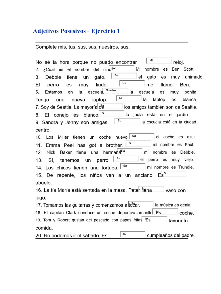 Ejercicio de Adjetivos Posesivos en Español | PDF