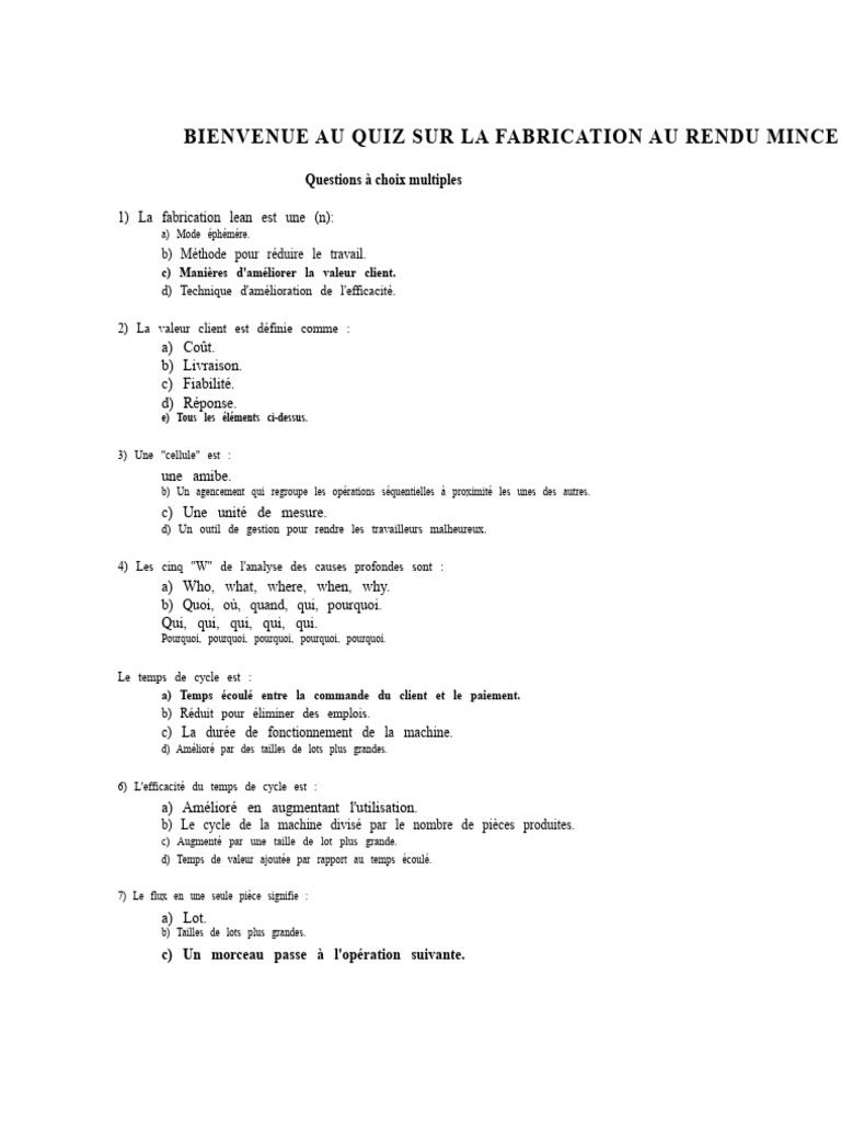 Quiz sur la fabrication lean et ses concepts | PDF | Lean (production ...