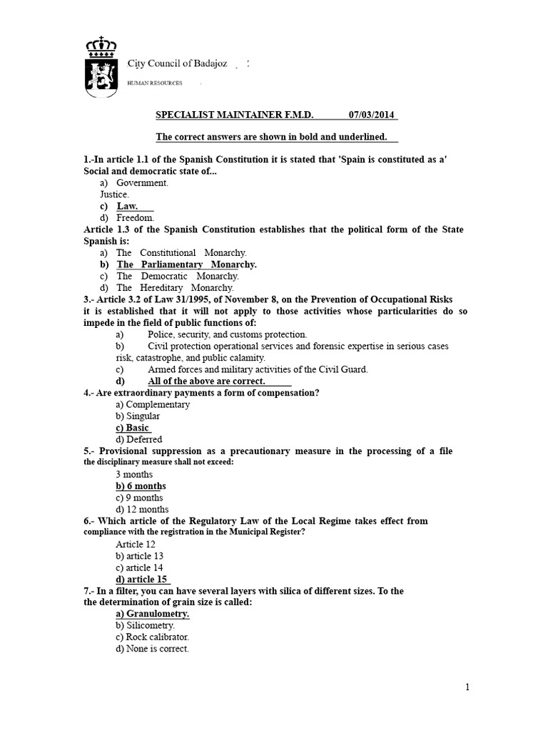Exam 1 Specialist Maintainer Fmd Answers | PDF | Water Purification