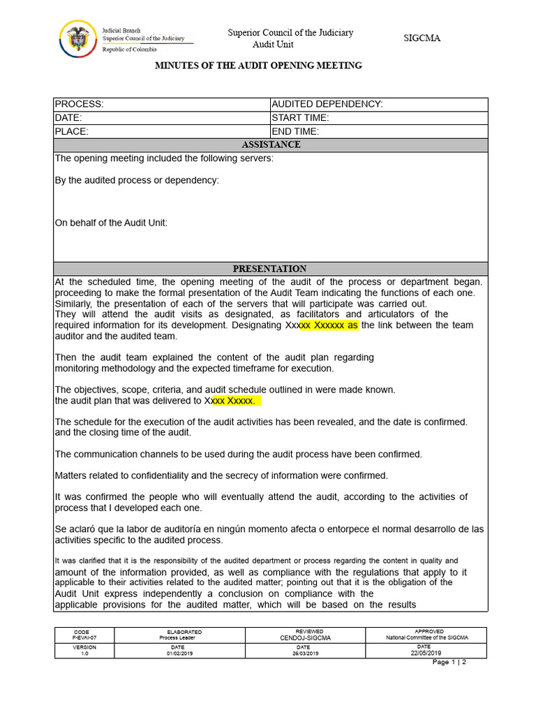 3. OPENING MEETING MINUTES TEMPLATE (2).doc | PDF | Audit | Justice