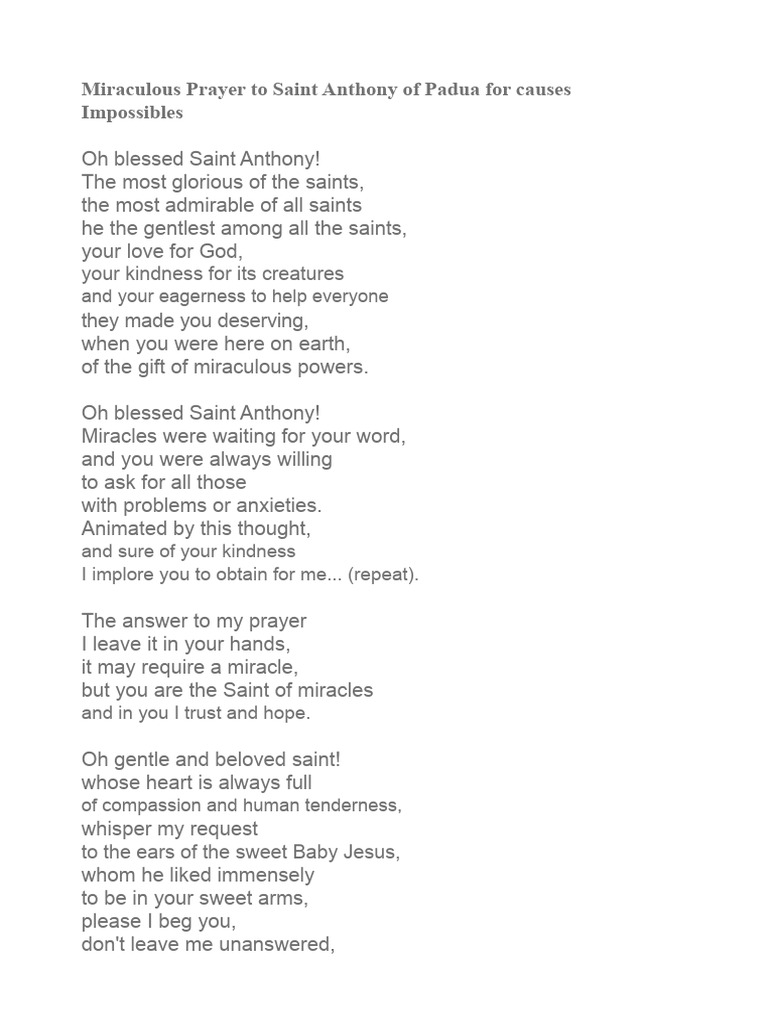Miraculous Prayer to Saint Anthony | PDF