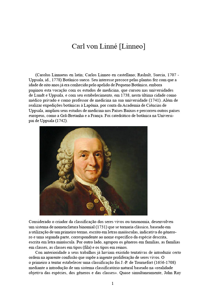 Biografia de Carl von Linnaeus (Lineu) | PDF | Taxonomia (Biologia ...