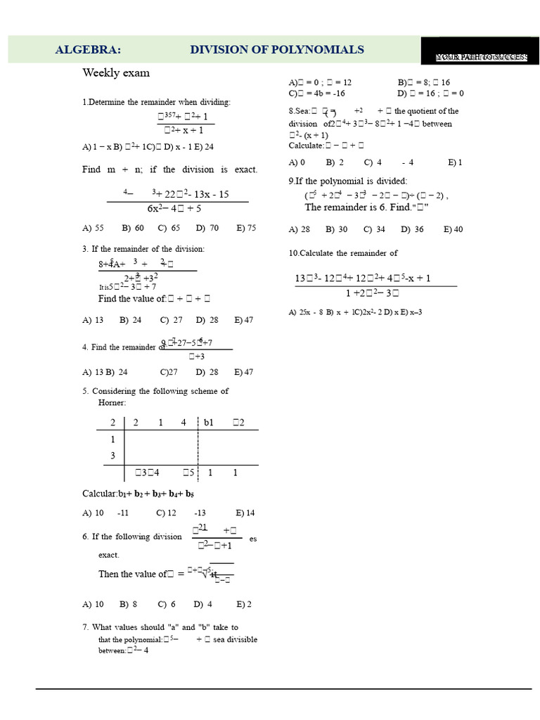 Polynomial Division Exam and Remainder Theorem | PDF | Abstract Algebra ...