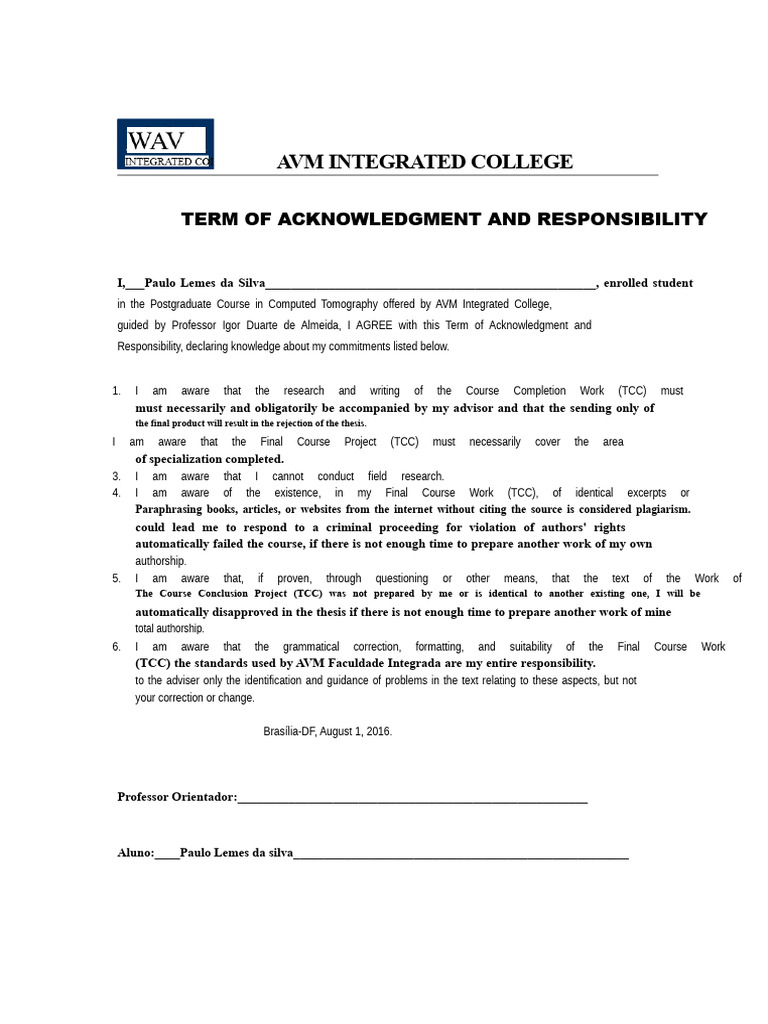 AVM College TCC Acknowledgment Form | PDF