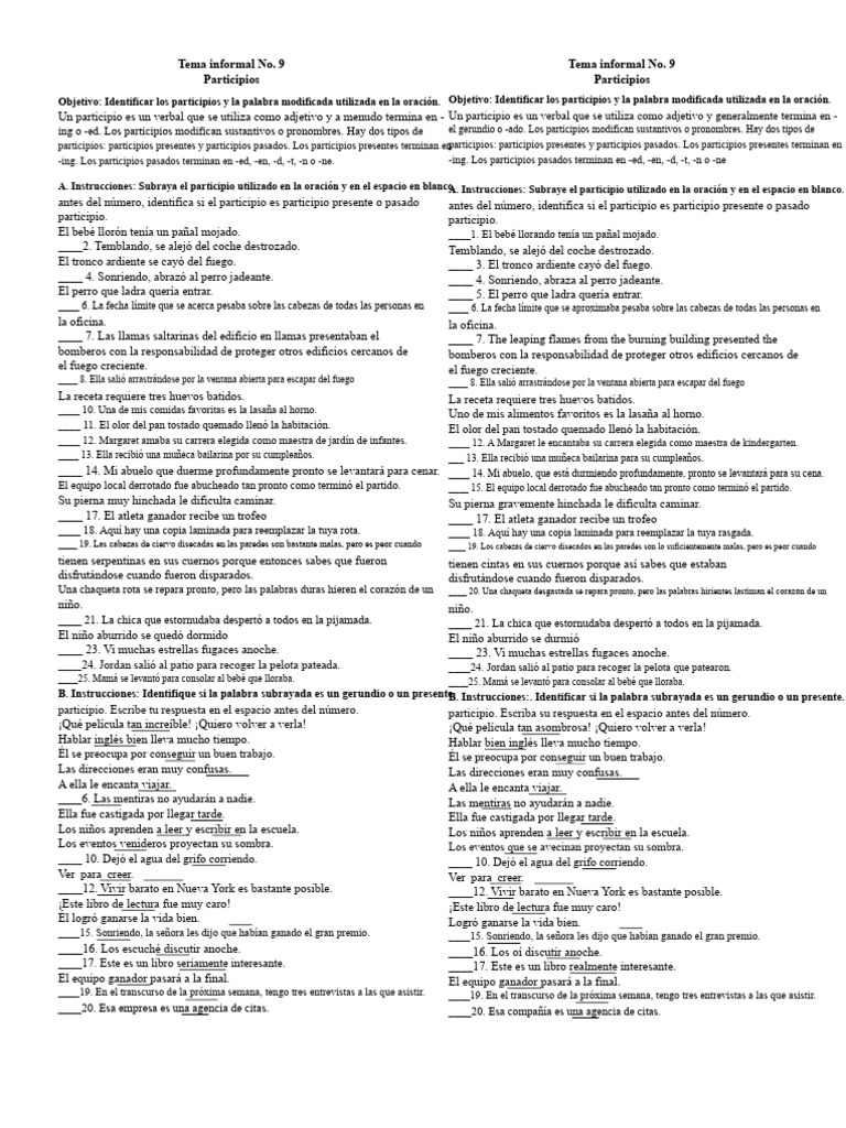 Hoja de Trabajo de Participios | PDF | Palabra | Gramática