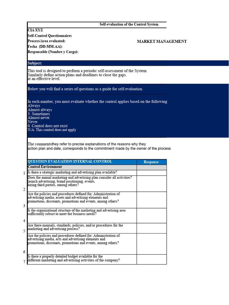 Self-Assessment of The Internal Control System of A Marketing and ...
