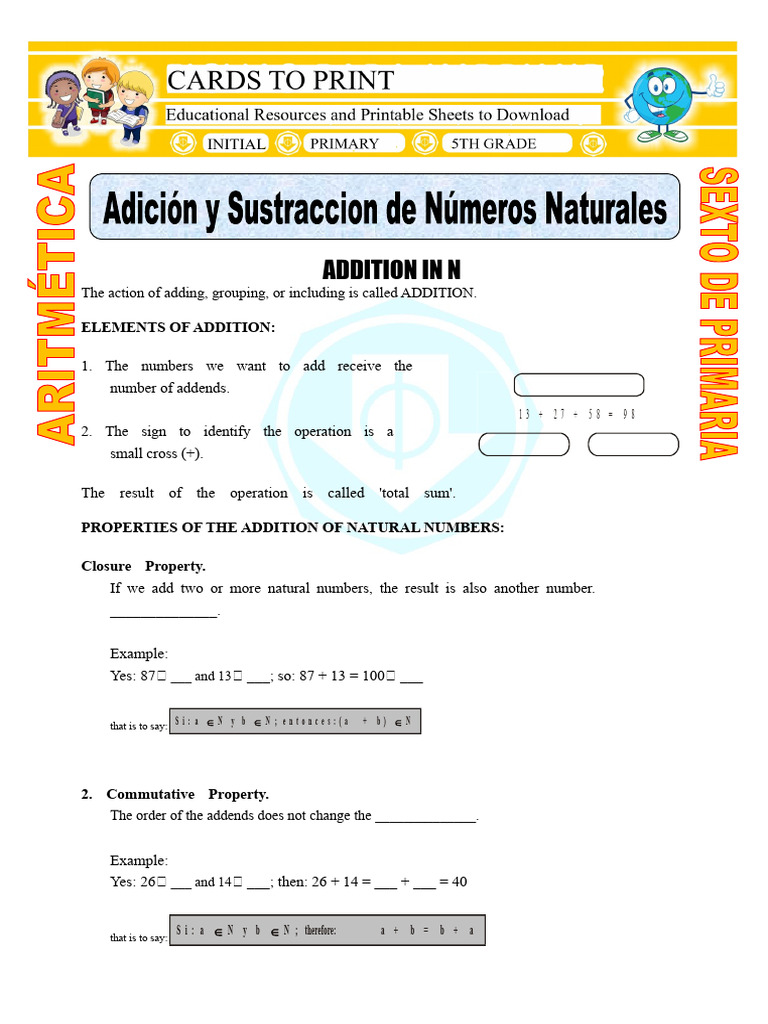 Addition and Subtraction of Natural Numbers For Sixth Grade | PDF ...