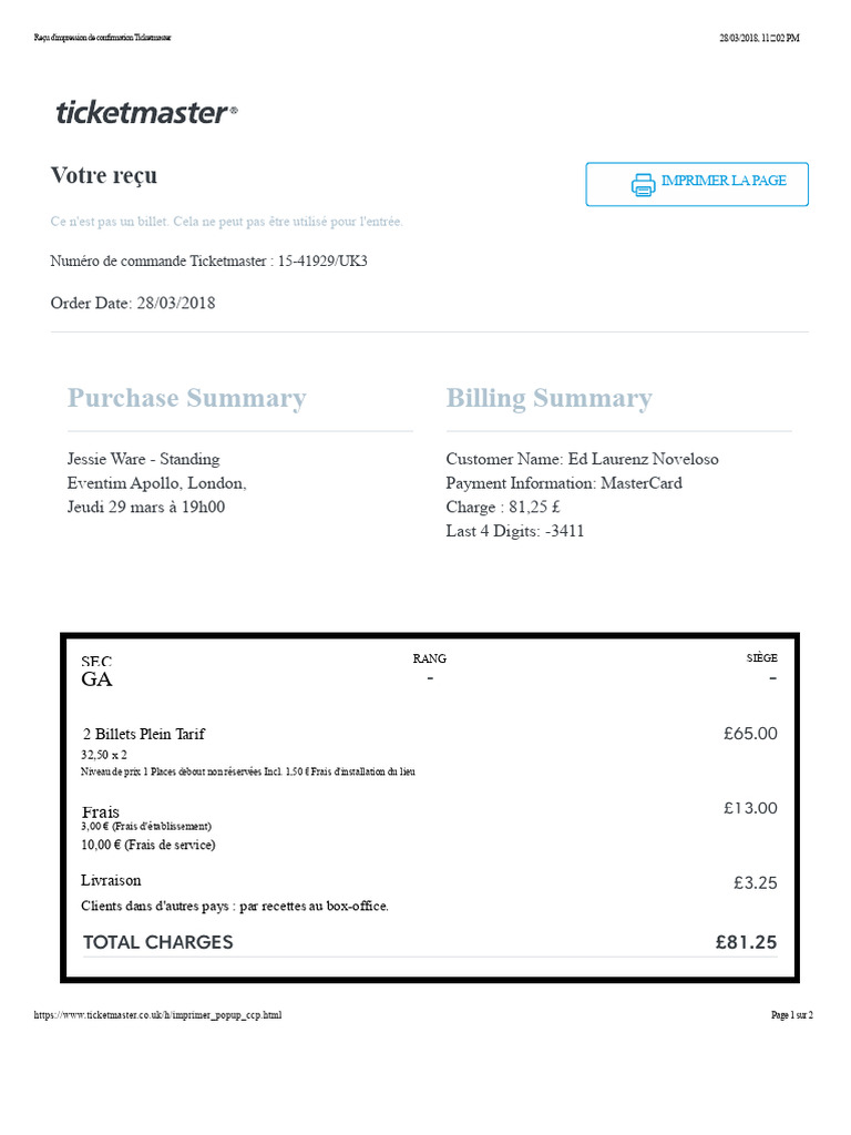 Confirmation de Billet Ticketmaster Imprimer Le Reçu | PDF