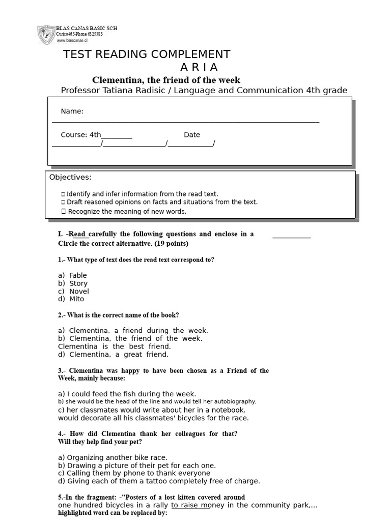 Clementine Reading Test, The Friend of The Week!!! | PDF