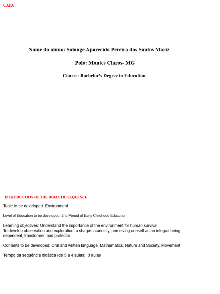 DIDACTIC SEQUENCE ENVIRONMENT PRESCHOOL EDUCATION | PDF | Cognition ...