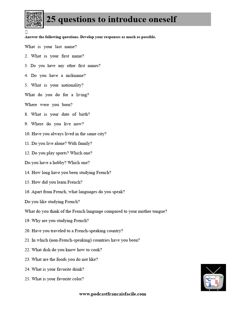 25 questions to introduce yourself. Podcast French easy. | PDF