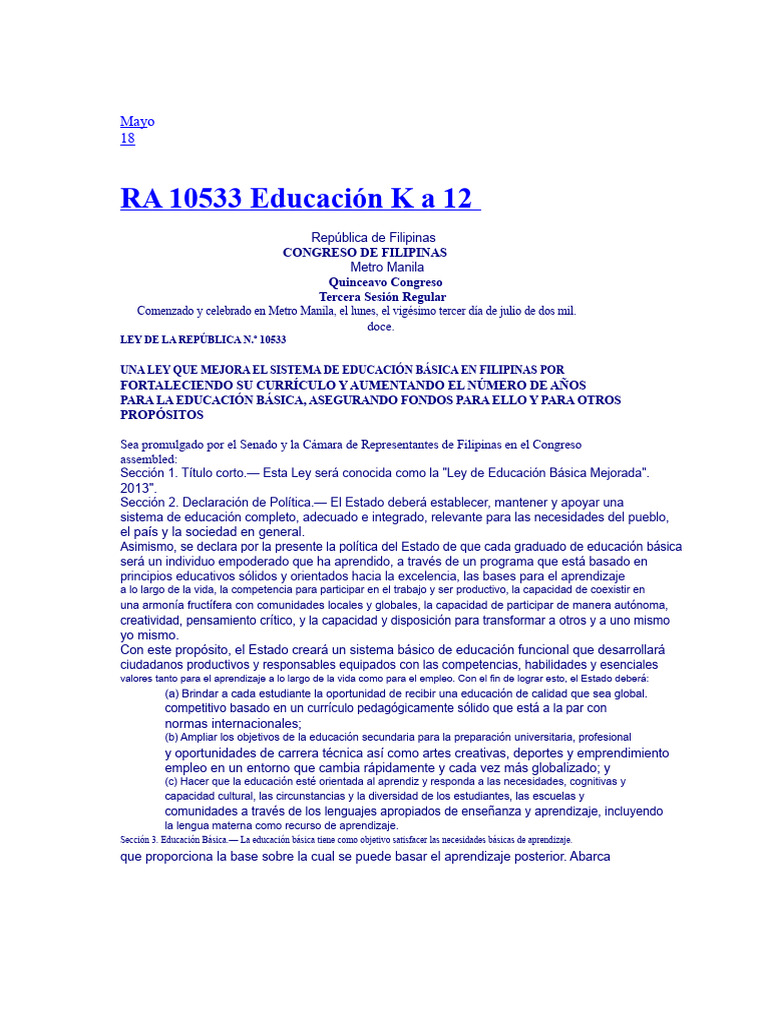 Ra 10533 | PDF | Plan de estudios | Educación de la primera infancia