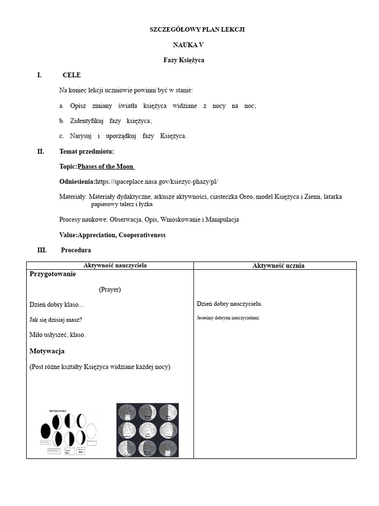 6 Szczegółowy Plan Lekcji Nauki: Fazy Księżyca | PDF