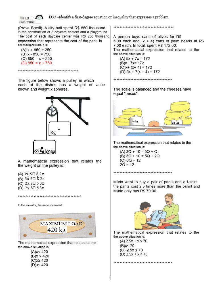First-Degree Equations and Inequalities Examples | PDF | Equations | Weight