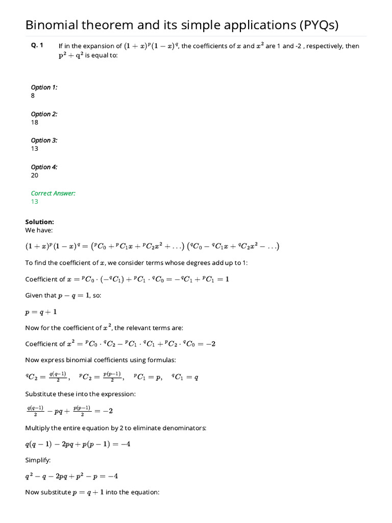Binomial Theorem and Its Simple Applications Pyqs (1) | PDF | Numbers ...