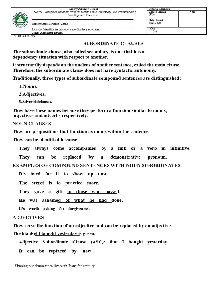 Workshop On Subordinate Clauses | PDF | Clause | Adjective